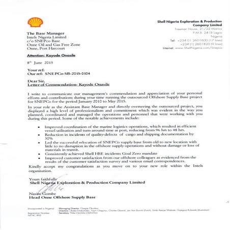 Commendation Letter from SHELL - Kayode Onasile | PDF
