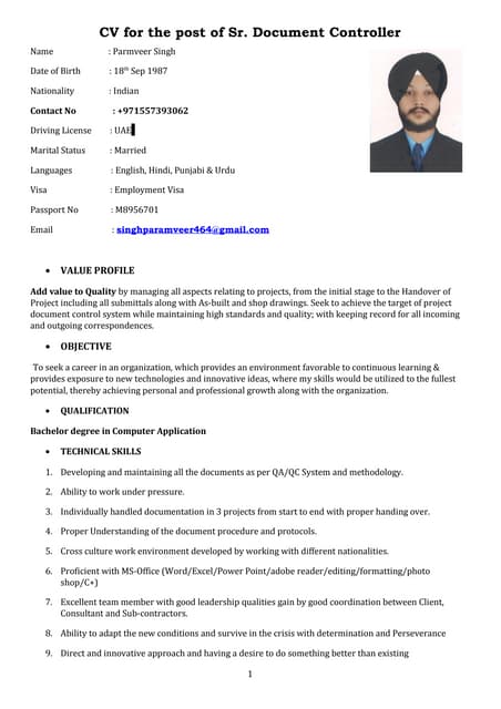 CV - Sr. Document Controller - Aconex - Passport - Mr. Satishkumar Brahmbhatt - Nov 2015 | DOCX ...