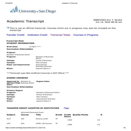 Academic Transcript | PDF | Undergraduate Education | College Education