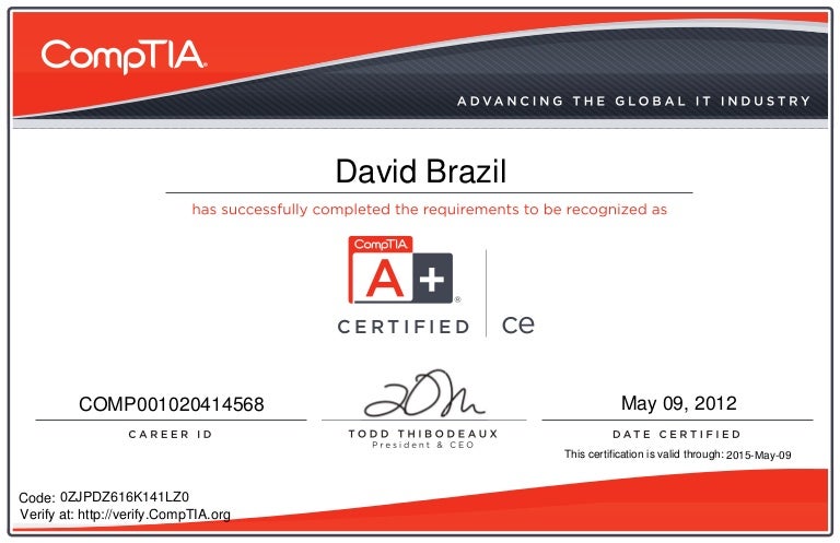 CompTIA A+ ce certificate
