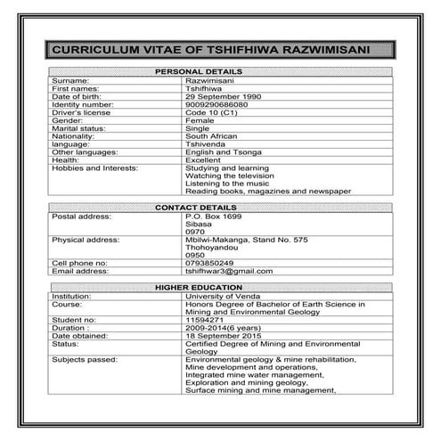 CV Tshifhiwa Razwimisani | PDF