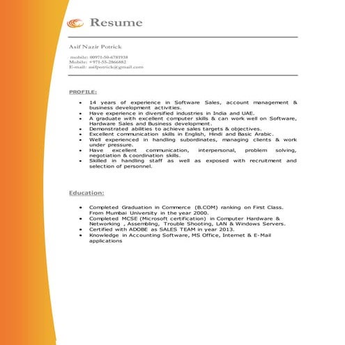 Asif CV | DOCX | Sales | Business