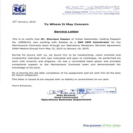 Service Letter - RasGas | PDF