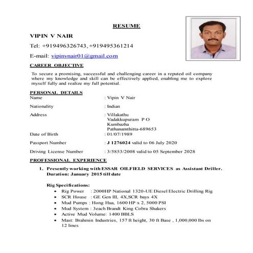 Vipin V Nair(CV)-Asst Driller | DOCX