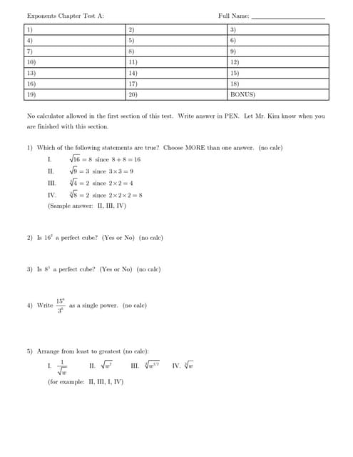 BC Math 10 Exponents Practice Test | PDF