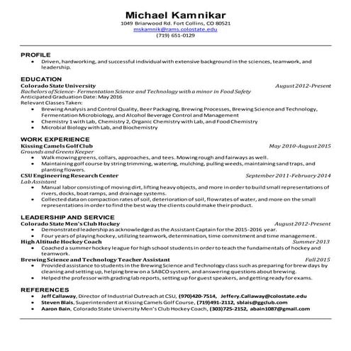 Michael Resume Oskar Blues | DOCX