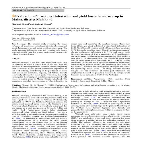 Evaluation of insect pest infestation and yield losses in maize crop in ...