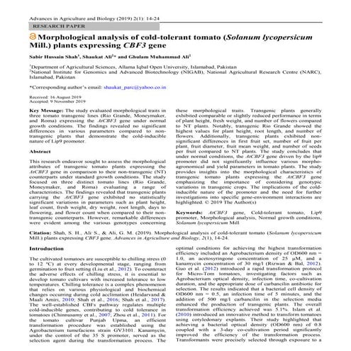 Morphological analysis of cold-tolerant tomato (Solanum lycopersicum ...