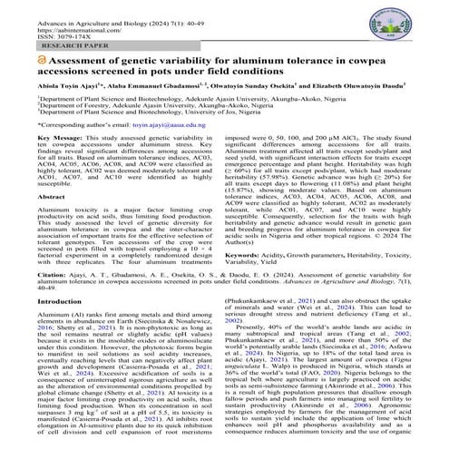 Assessment of genetic variability for aluminum tolerance in cowpea accessions screened in pots ...