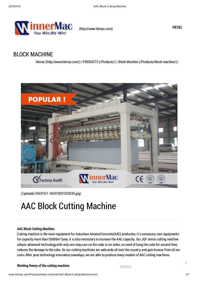 Aac block cutting machine