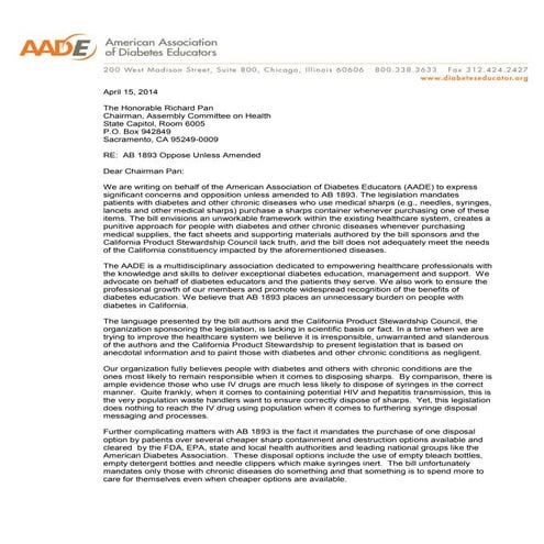 AADE letter opposing AB 1893 | PDF