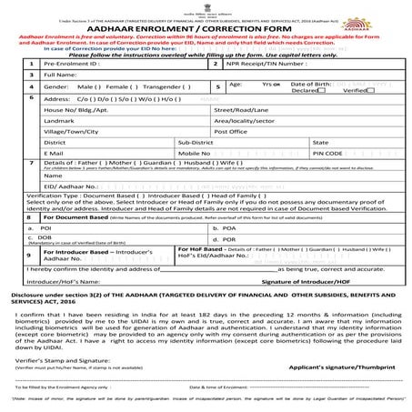 Aadhaar enrolment correction_form_version_2.1 | PDF | Credit Cards ...