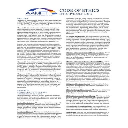 AAMFT Codes of Ethics including Standards and Principles | PDF