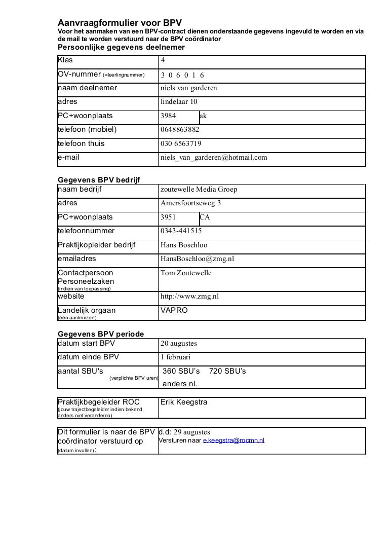 Aanvraagformulier Voor Bpv Mv Ingevuld