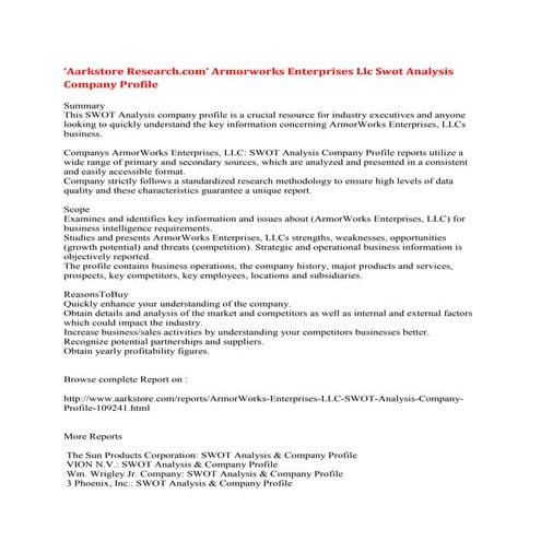 ‘Aarkstore research.com’ armorworks enterprises llc swot analysis ...