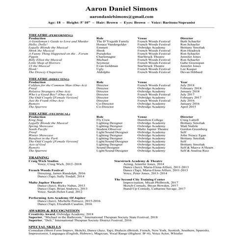 Aaron Daniel Simons Theatrical Resume | PDF