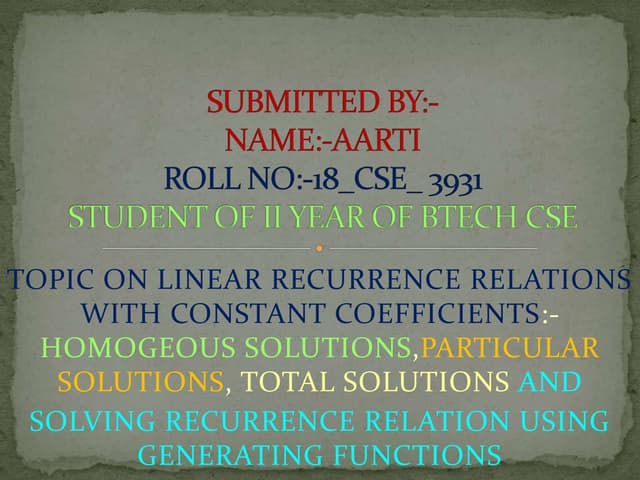 Linear Recurrence Relations With Constant Coefficients Ppt