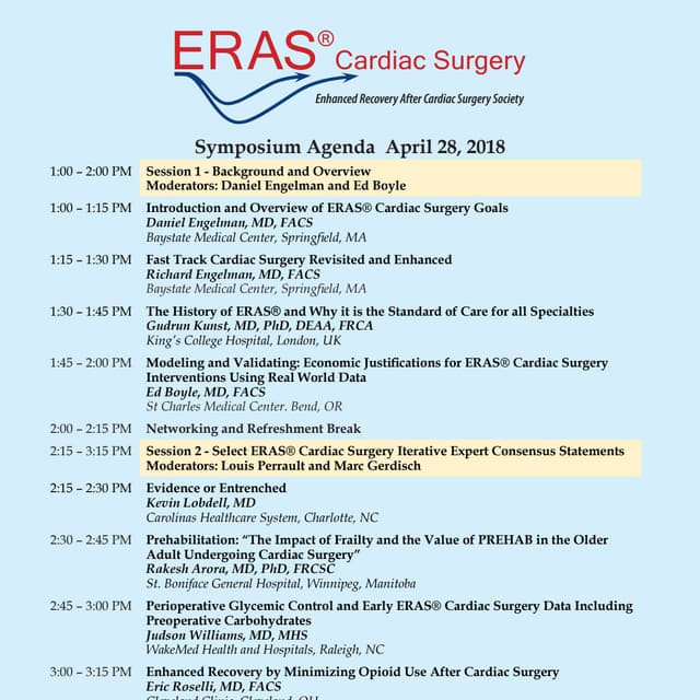 AATS ERAS 2018 Symposium Agenda ~ ~ Special Cardiac Surgery Session ...
