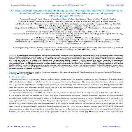 Ab-initio density functional and docking studies of α-Santalol molecule derived from Santalum ...