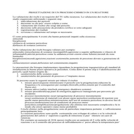 PROGETTAZIONE DI UN PROCESSO CHIMICO IN UN REATTORE | DOC