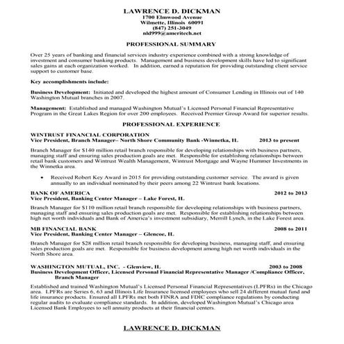 Larry Dickman Resume_June016 (3) | DOC | Business Banking & Finance | Business
