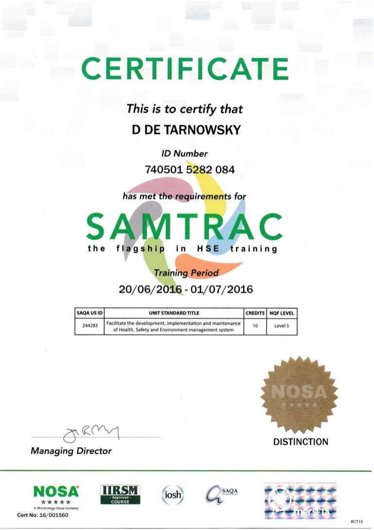 SAMTRAC - certificate