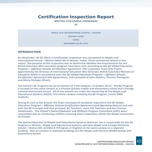 Certification Inspection Report MLIS-W | PDF