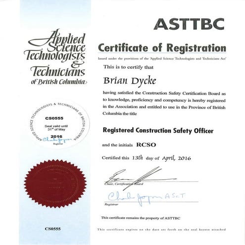 Brian Dycke RCSO Certificate- ASTTBC | PDF