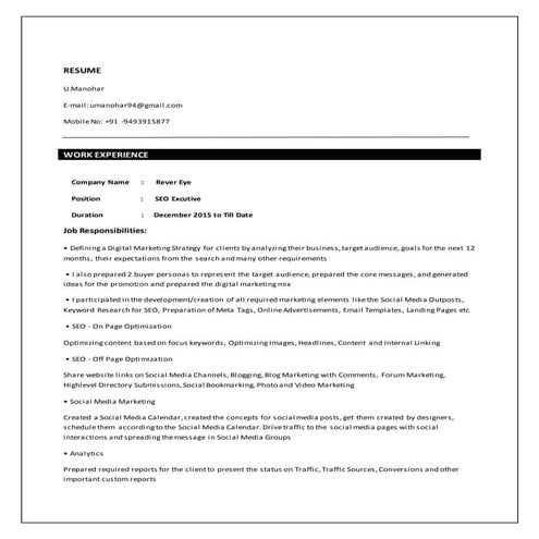 Manohar SEO Excutive Resume | DOCX