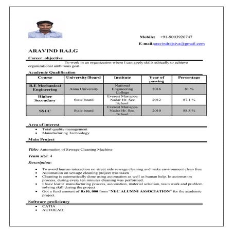 ARAVIND RAJ BE RESUME | PDF | Careers