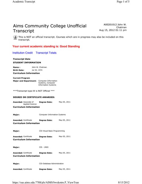 James Hunter Unofficial Transcript | PDF