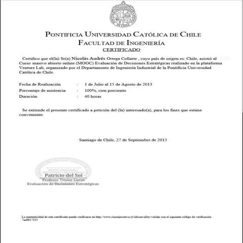 Certificado Evaluación de Decisiones Estrategicas UC | PDF | Computing | Technology & Computing