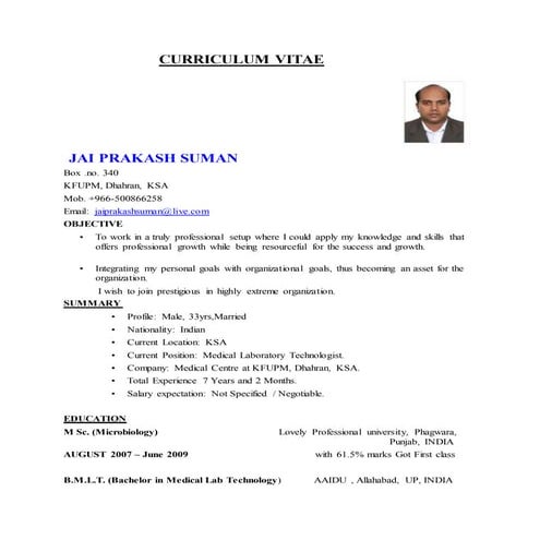 JINSHY CV-BSC MEDICAL LABORATORY TECHNICIAN | PDF