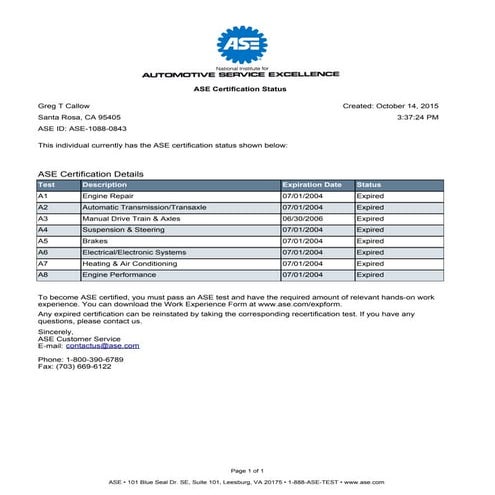 ASE_Certification_Status_Greg_Callow | PDF