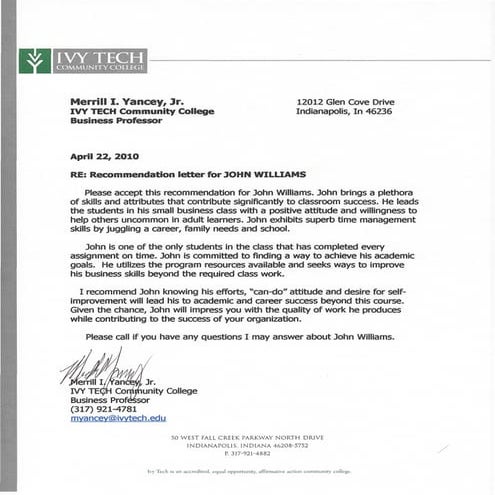 Ivy Tech Letter of Recommendation.PDF