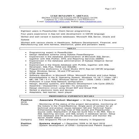 Resume of Luke Arenasa | DOC | Databases | Computer Software and Applications