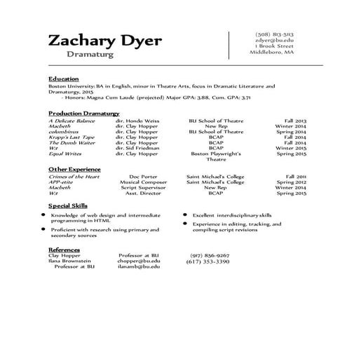 Dramaturgy Resume | DOCX