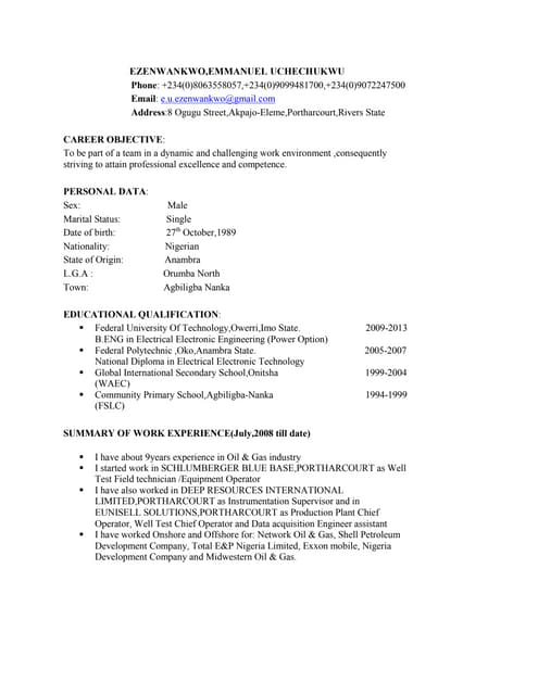 EZENWANKWO, EMMANUEL UCHECHUKWU CV | PDF | Free Download EZENWANKWO, EMMANUEL UCHECHUKWU CV | PDF | Free Download