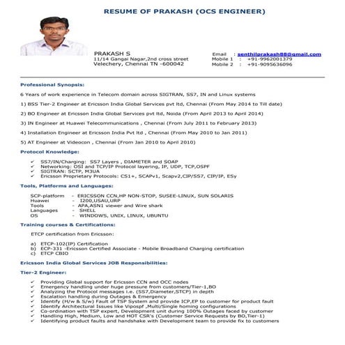 OCS ENGINEER_PRAKASH S | PDF
