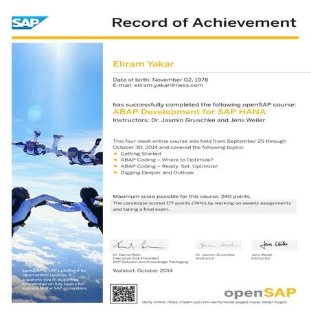 ABAP Development For SAP Hana - record of achievement | PDF