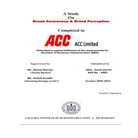 Project report on Brand awareness n Perception of ACC ltd. | DOCX