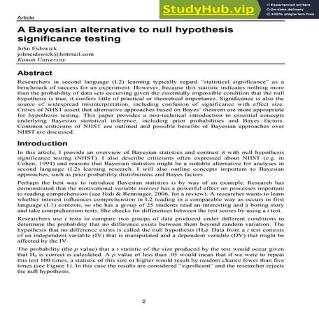 A Bayesian Alternative To Null Hypothesis Significance Testing Pdf