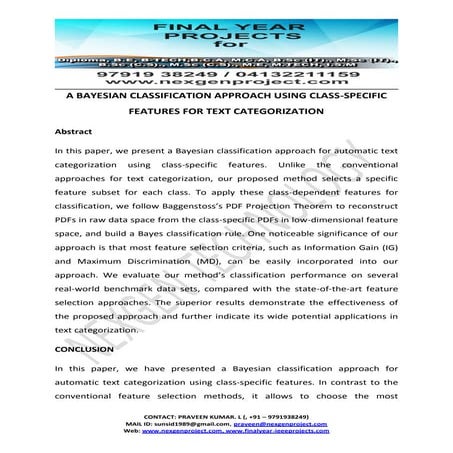 A Bayesian Classification Approach Using Class Specific Features For Text Categorization Pdf