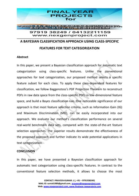A Bayesian Classification Approach Using Class Specific Features For Text Categorization Pdf
