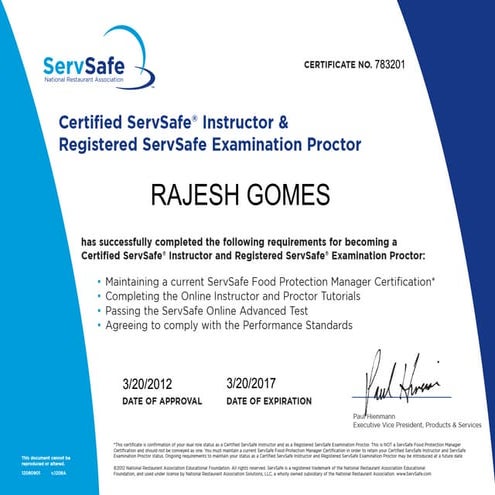 Certificate of ServSafe Instructor & Proctor | PPT