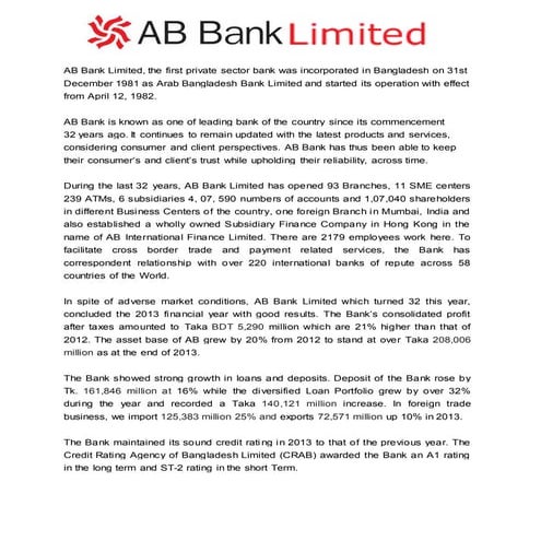 AB Bank Ltd. | DOCX | Business Banking & Finance | Business