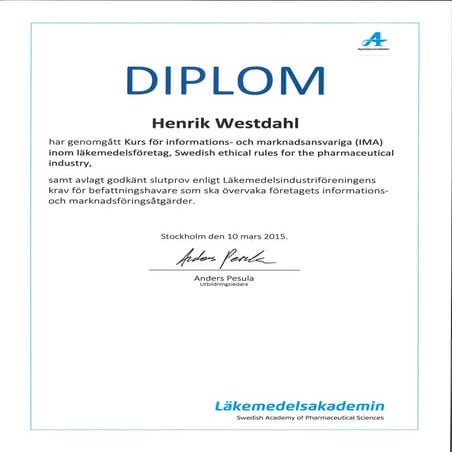 Henrik Westdahl IMA-diplom | PDF