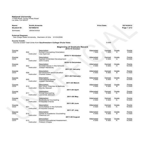 NU unofficial transcript | PDF