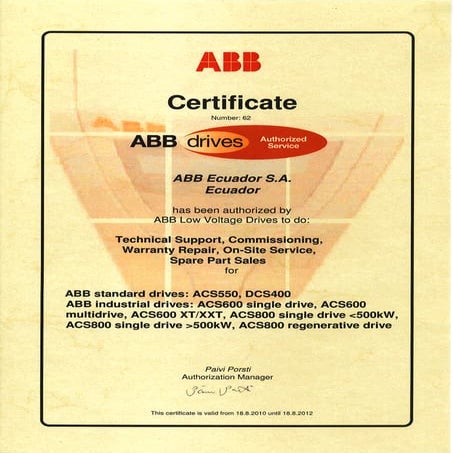 ABB drives Authorized Service Certificate 2010-2012 | PDF