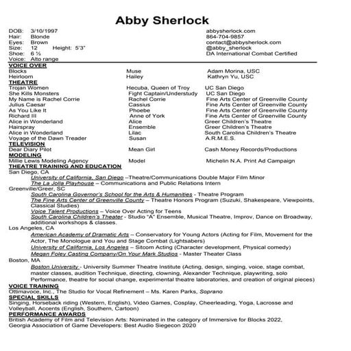 Abby Sherlock Theatre and Voice Over Resume 2024 | PDF